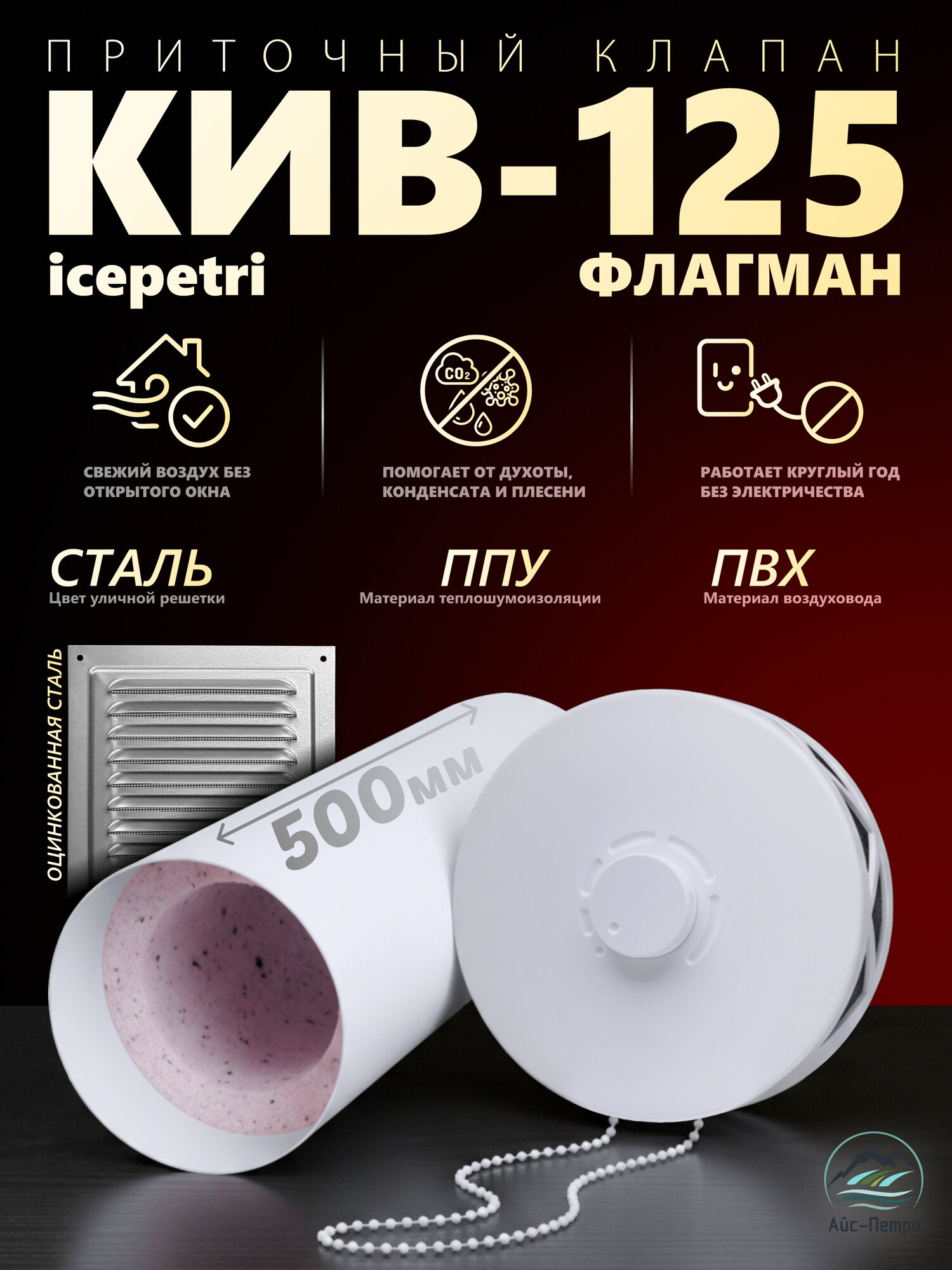 Приточный клапан КИВ-125 Флагман 500 ПВХ квадрат. реш. сталь