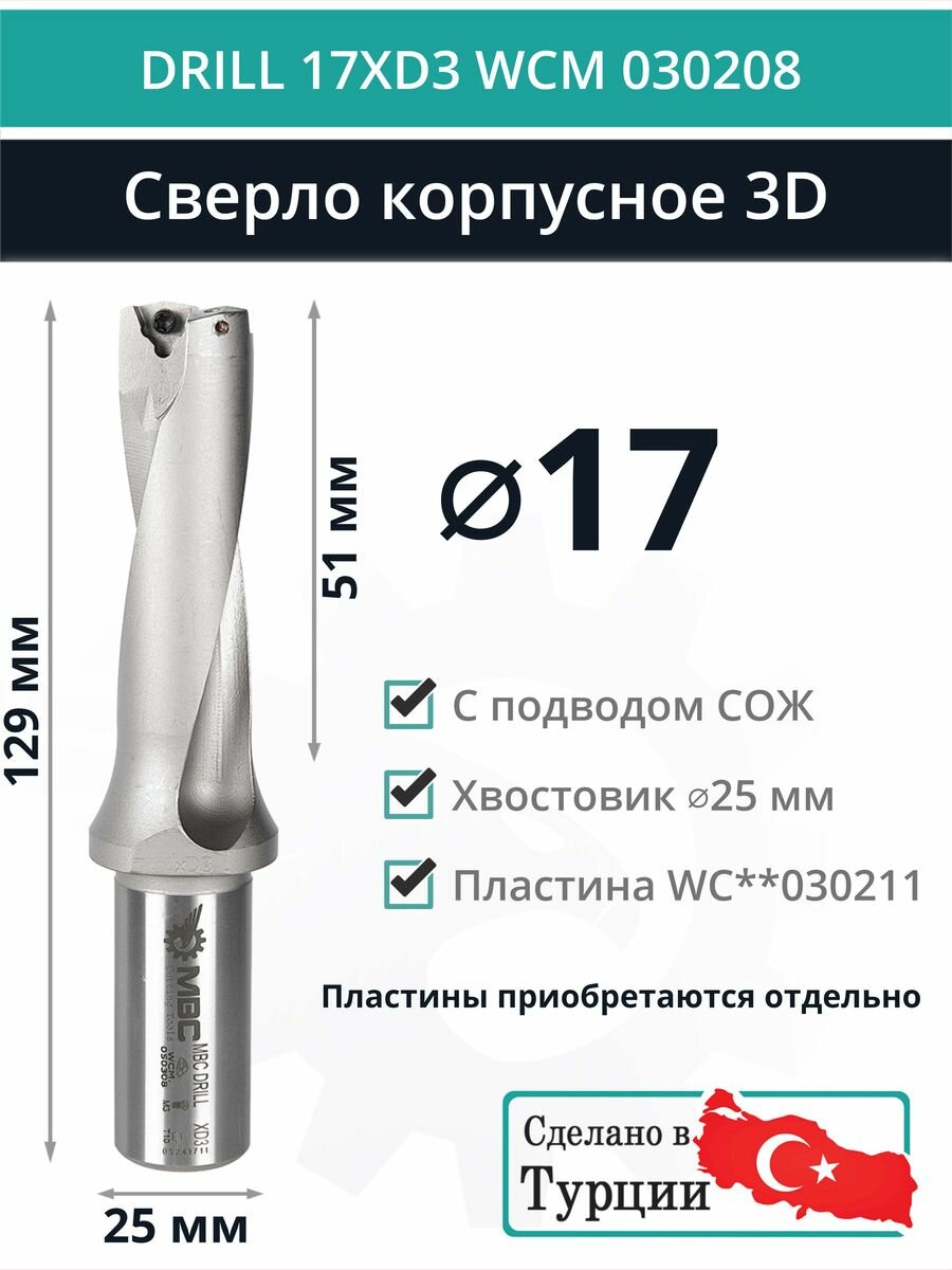 DRILL 17XD3 WCM 030208 сверло корпусное - 17 мм / пластина WCMX 030208; WCMT 030208