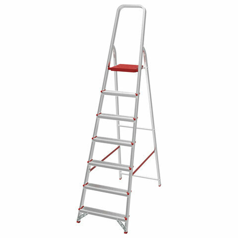 Стремянка алюминиевая 7 стандартных ступеней 9 см, площадка 1,5 м, нагрузка 225 кг, вес 7 кг, новая высота, 3110107