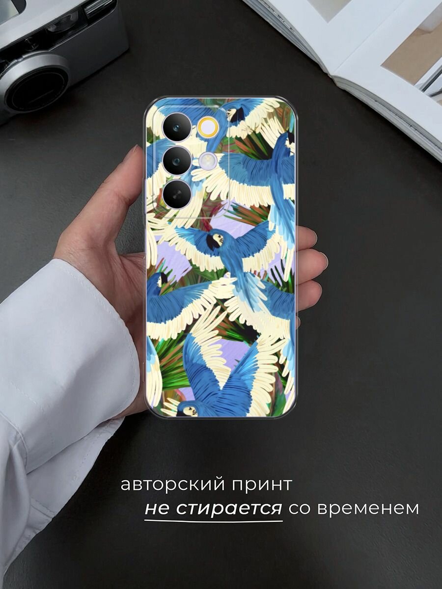 Чехол на Realme C85 / Реалми C85 с принтом Синие попугаи, прозрачный — фото 1