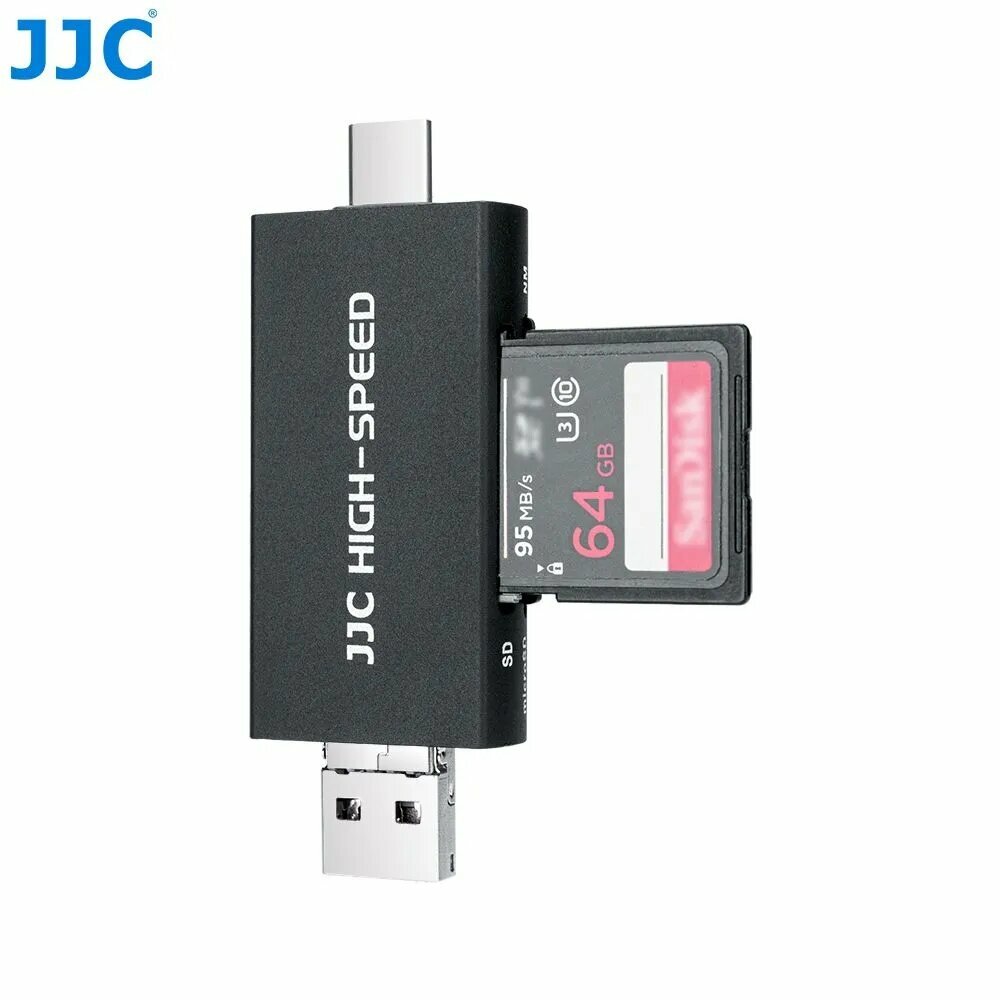 Кардридер JJC с 3 слотами для карт SD, NM и MicroSD, USB 3.0, Micro USB 2.0, USB-C 3.0, поддержка до 1ТБ, алюминиевый корпус, компактный адаптер для карт SD, microSD, NM (Черный)