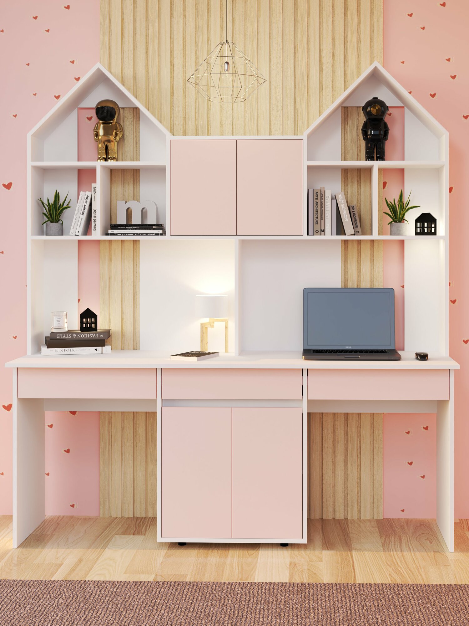 Есэндвич Ричи Компьютерный стол для двоих, двойной с ящиками 180х200х50 см (Белый/Розовый кварц)