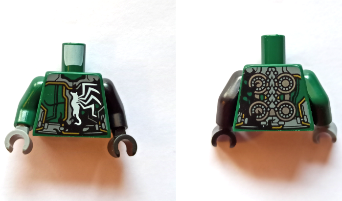 Torso Half Armor / Venom with Dark Bluish Gray and Green Panels, Gold Accents, Silver Circles on Back and Black Smudge Pattern / Black Arm Left / Dark Green Arm Right / Black Hand Left / Dark Bluish Gray Hand Right, 973pb5544c01 Dark Green U