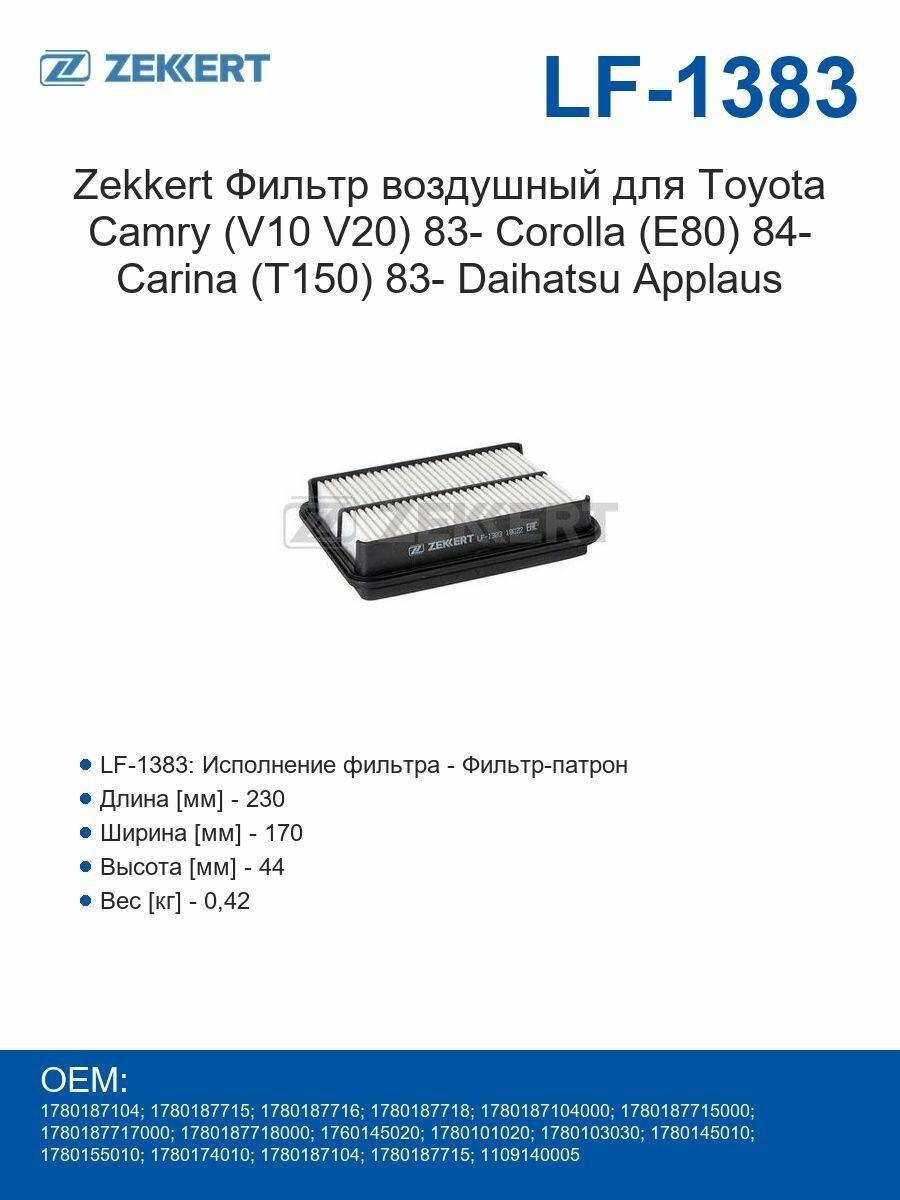 Zekkert Фильтр воздушный для Toyota Camry (V10 V20) 83- Corolla (E80) 84- Carina (T150) 83- Daihatsu Applaus