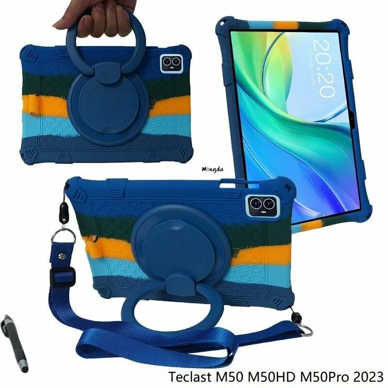 Защитный чехол на Teclast M50 M50HD M50 Pro 2023 Tablet 10,1 360, вращающаяся подставка с ручкой и плечевым ремнем стилусом-ослепительно темно-синий