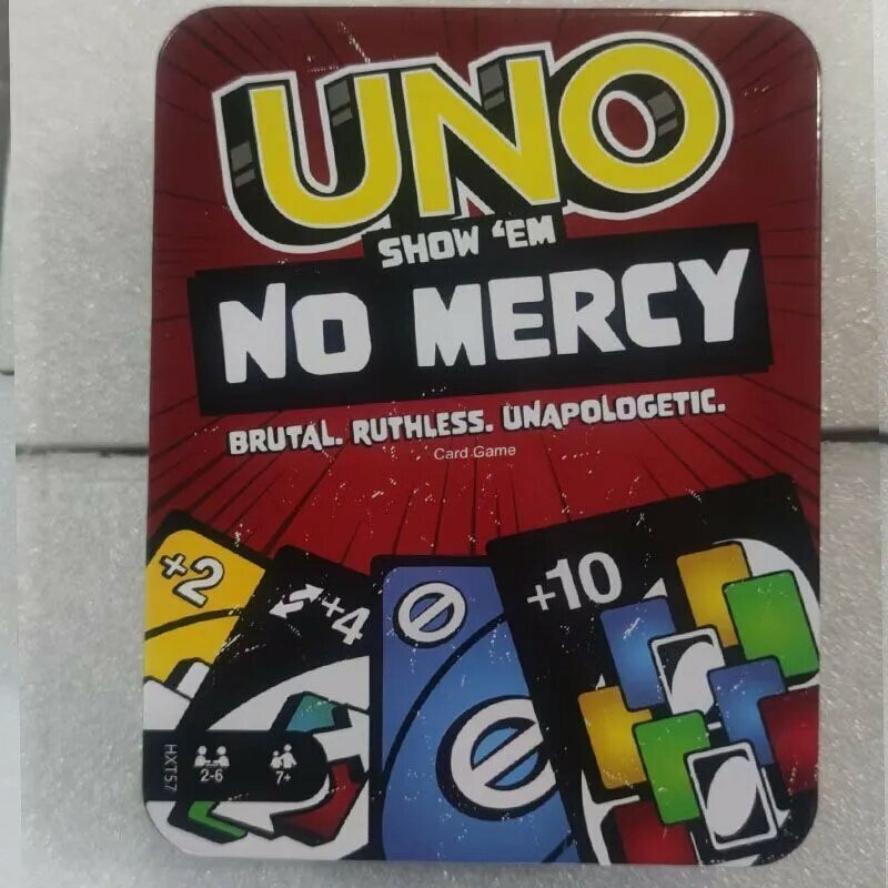 Карточная игра Mattel Games UNO No Mercy Железный ящик для детей, взрослых, семейных вечеринок и путешествий с дополнительными картами, особыми правилами и более жесткими наказаниями