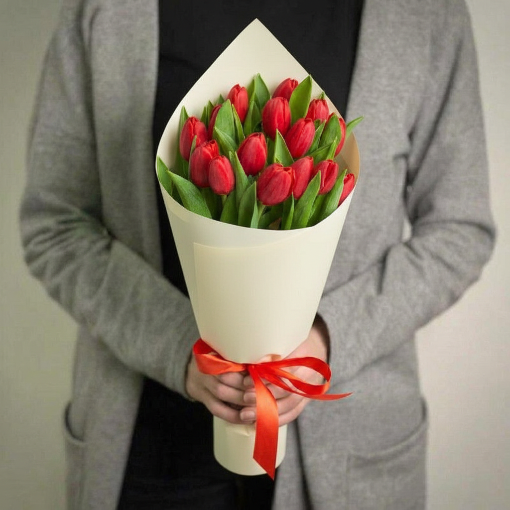 Букет живых цветов из 15 красных тюльпанов, 40 см Flor2u