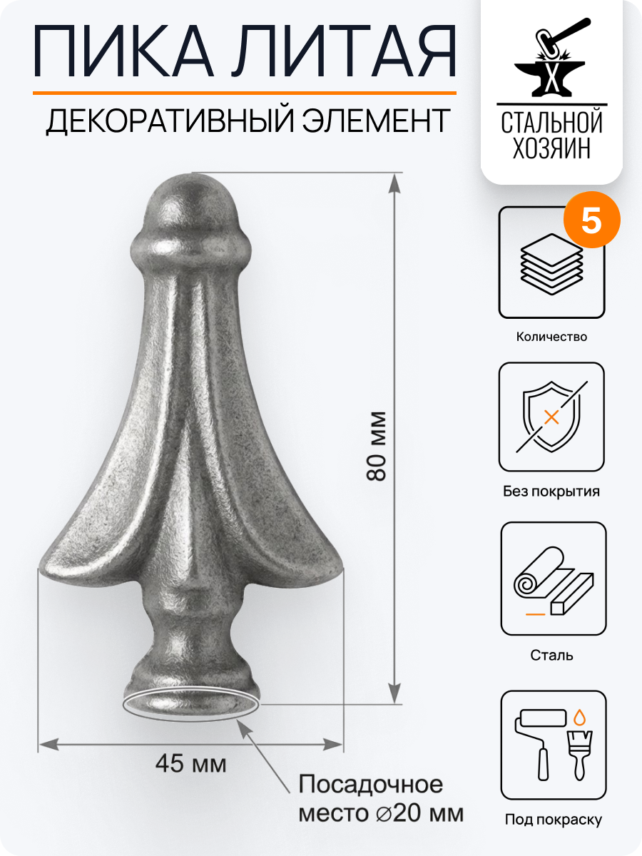 5 шт. Кованый элемент Пика литая 95х25 мм Посадочное место 12 мм (Квадрат)