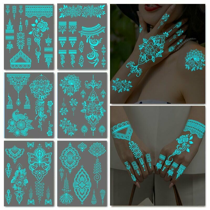 Белая хна татуировка наклейка красивое кружево на тыльной стороне руки цветок бабочка невеста светящаяся наклейка, светящийся стикер для запястья и ключицы
