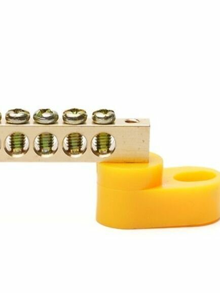Шина "0" 6х9мм, 24 отверстий, латунь, 2 желтых угловых изолятора