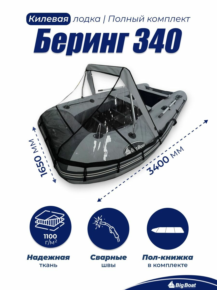 Надувная, под мотор, килевая лодка в полной комплектации (носовой тент, мягкие накладки) из ПВХ для рыбалки Bering (Беринг) 340к, пол-книжка