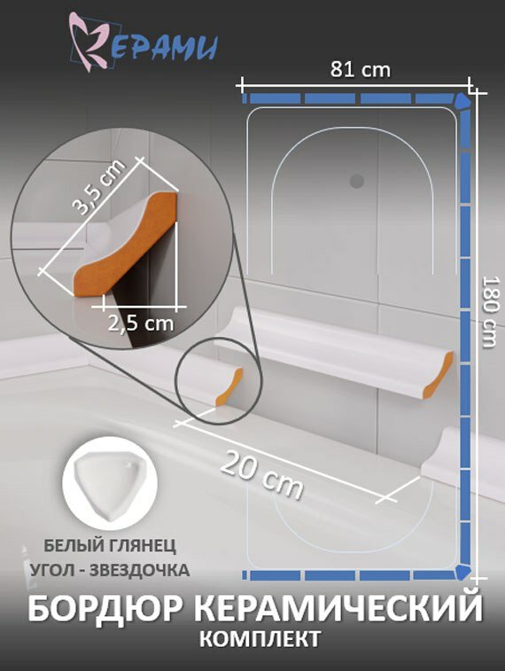 Комплект керамических бордюров для ванны с соединением "Звездочка" Cerami (уголок керамический, 17 шт, 3,5*20 см), белый, глянец