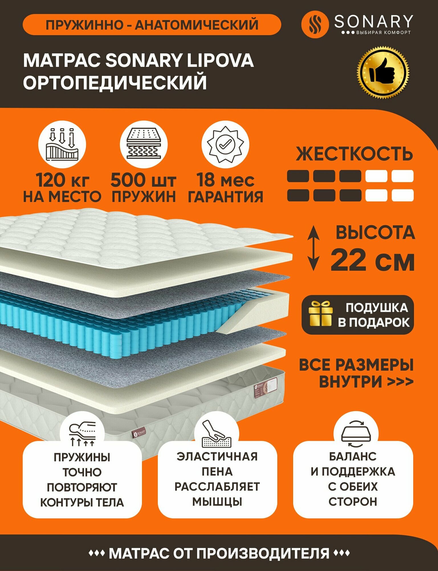 Матрас Sonary Lipova 90х150 серии Urban высота 22 см анатомический средней жесткости Независимые пружины