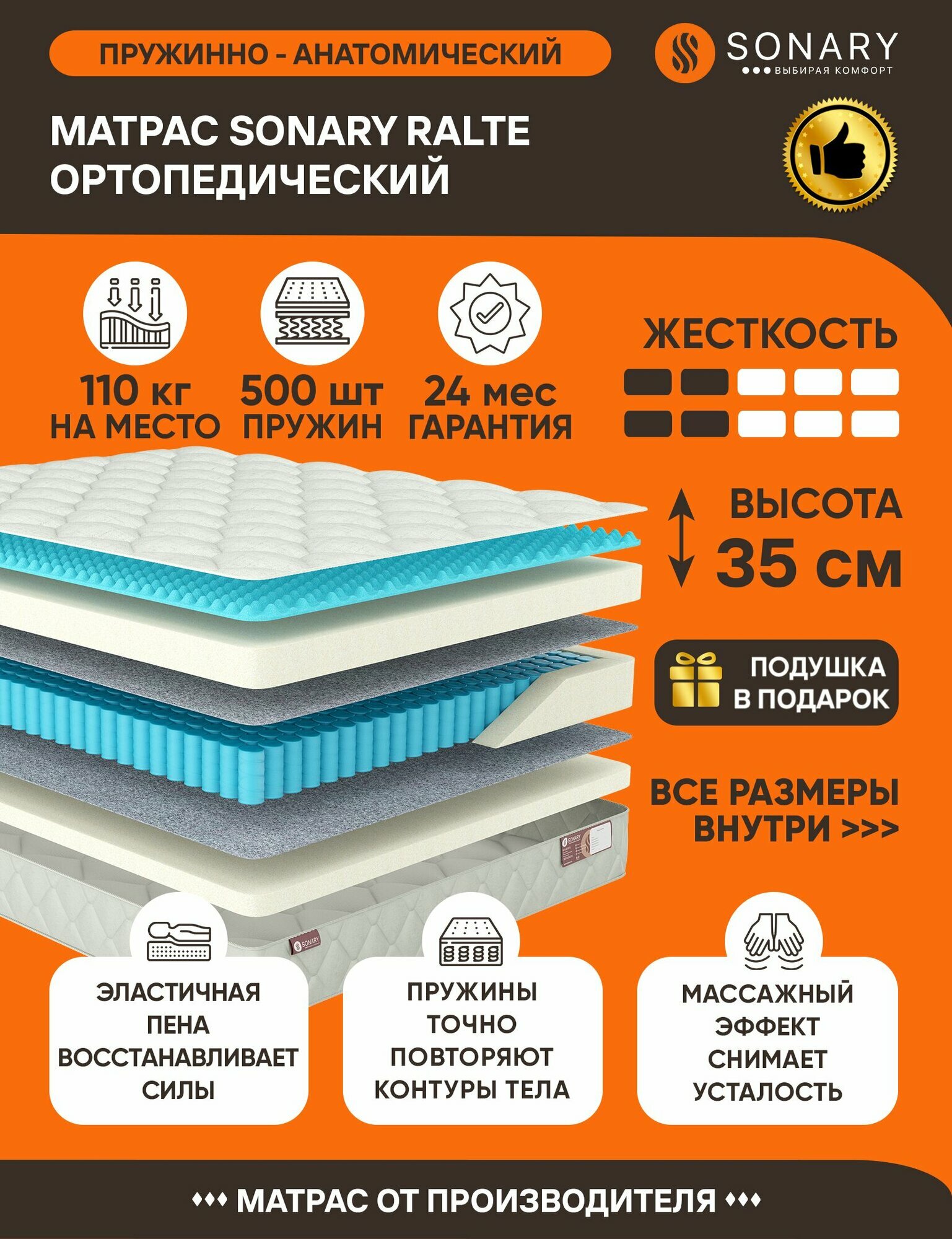 Матрас Sonary Ralte 60х195 серии Flow высота 35 см анатомический средней жесткости Независимые пружины