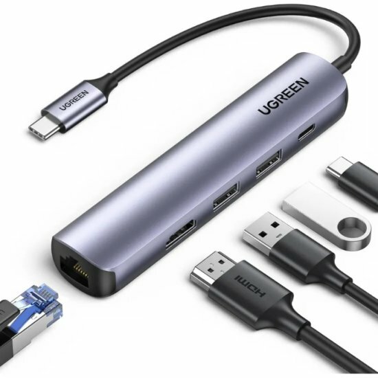Хаб (разветвитель) Ugreen 5 в 1, 2 x USB 3.0, HDMI, RJ45, серый(10919)