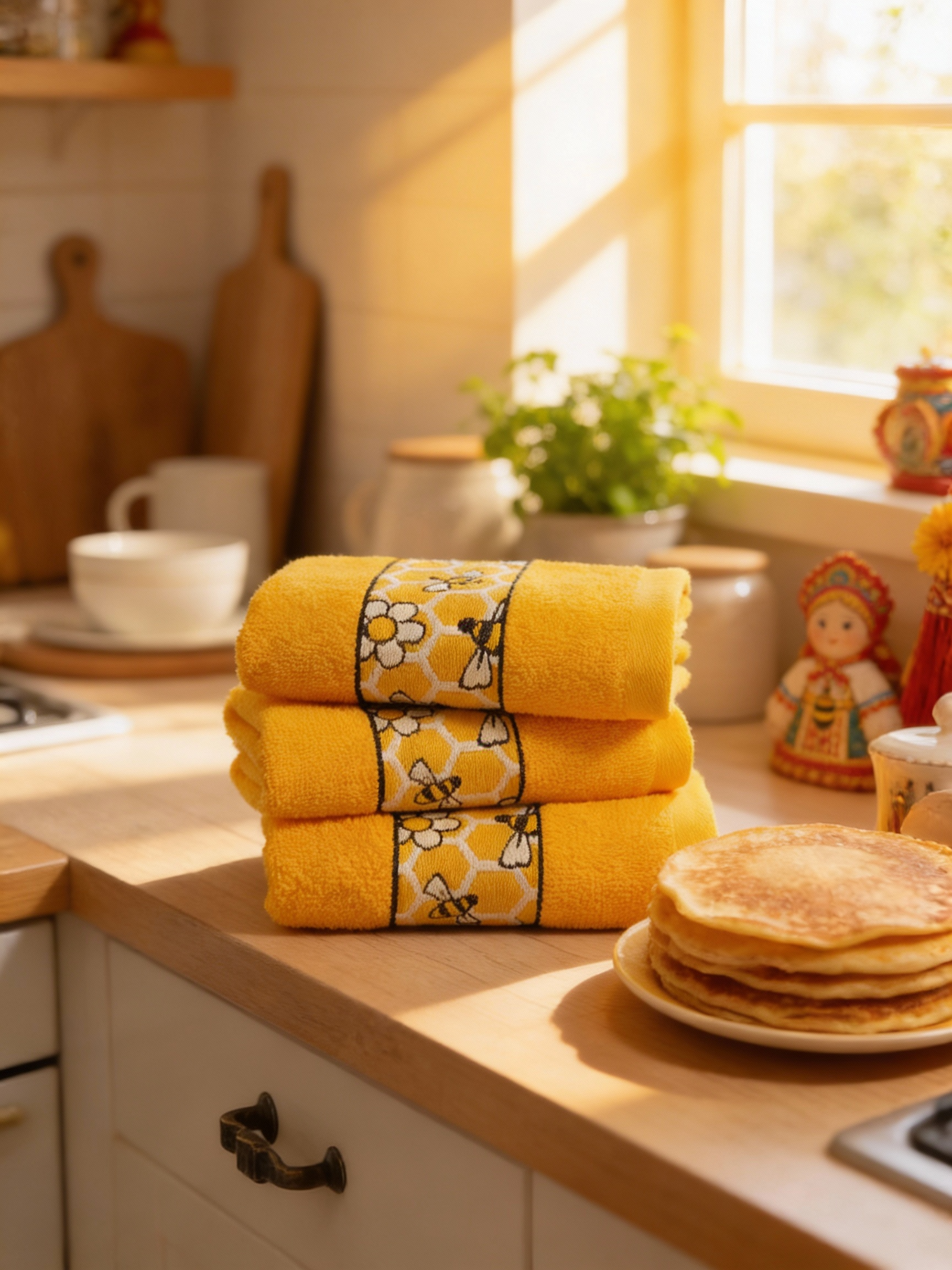 Набор 3 шт полотенца кухонные 30х60, махровые хлопковые, ярко-желтый