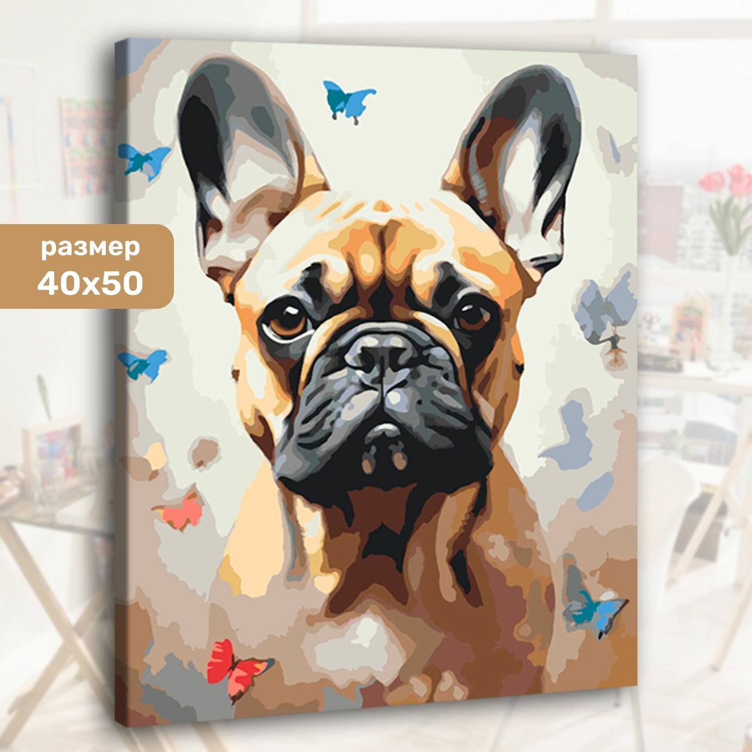 Картина по номерам на холсте с подрамником 40х50, рыжий французский бульдог