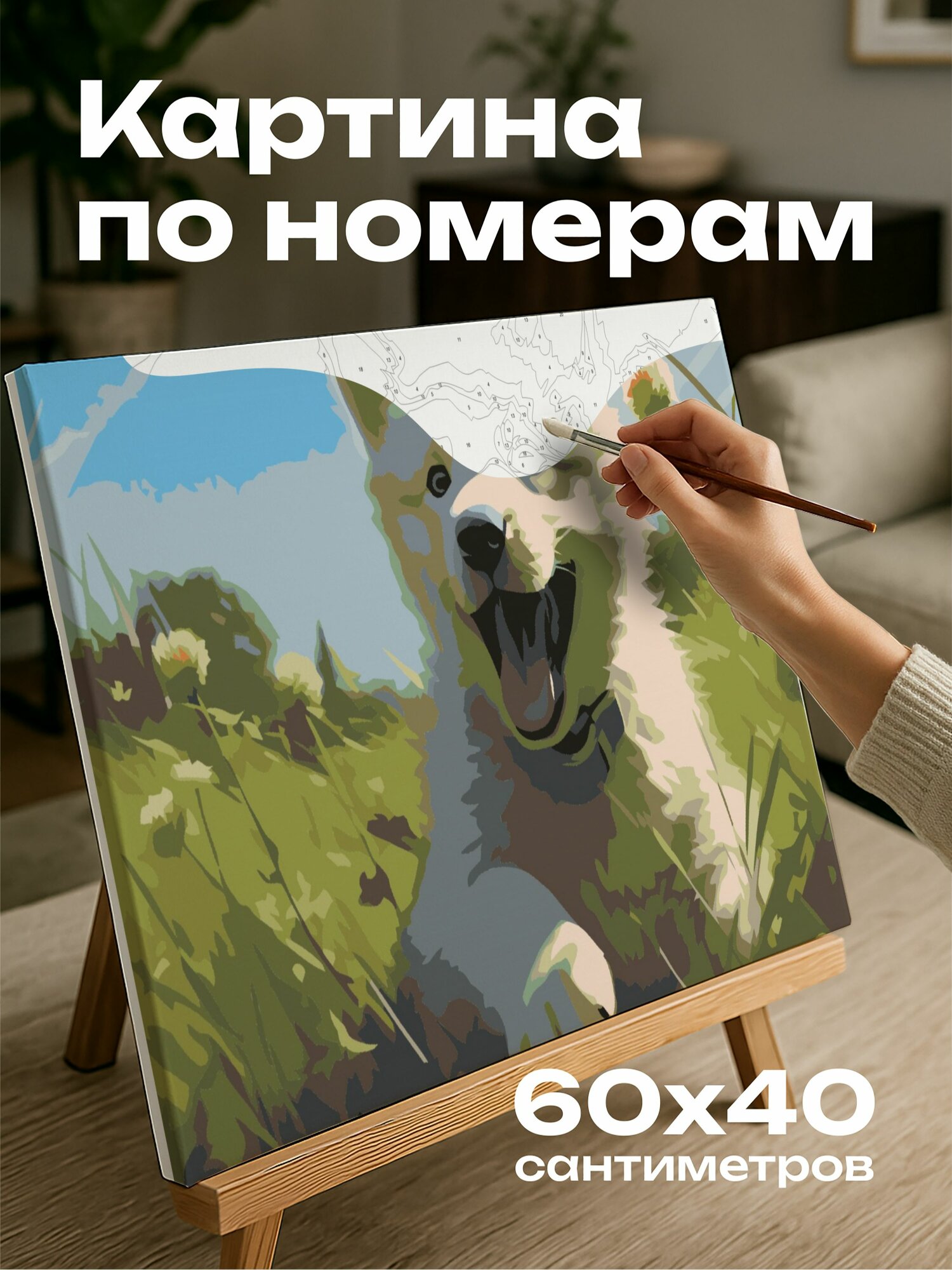 Картина по номерам 60x40 см, щенок, хаски, игривый, залитый солнцем луг, пушистая шерстка, белая, яркая зеленая трава