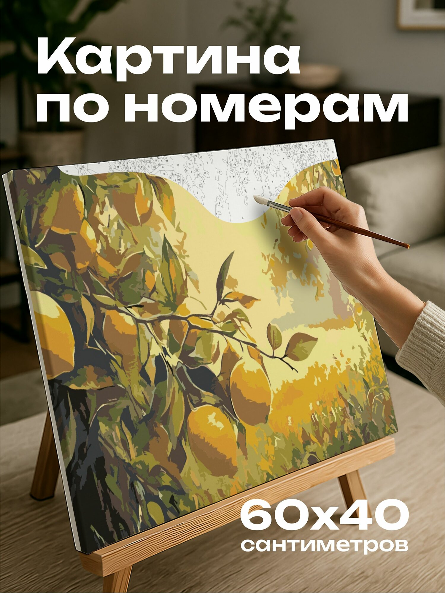 Картина по номерам 60x40 см, Масляная картина, лимонная роща, рассвет, рассеянный свет, золотистое сияние