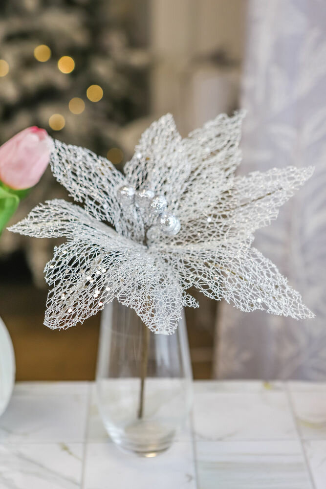 Декоративный цветок пуансеттия 'зимняя паутинка', пластик, серебряная, 25 см, Due Esse Christmas XNA23016683