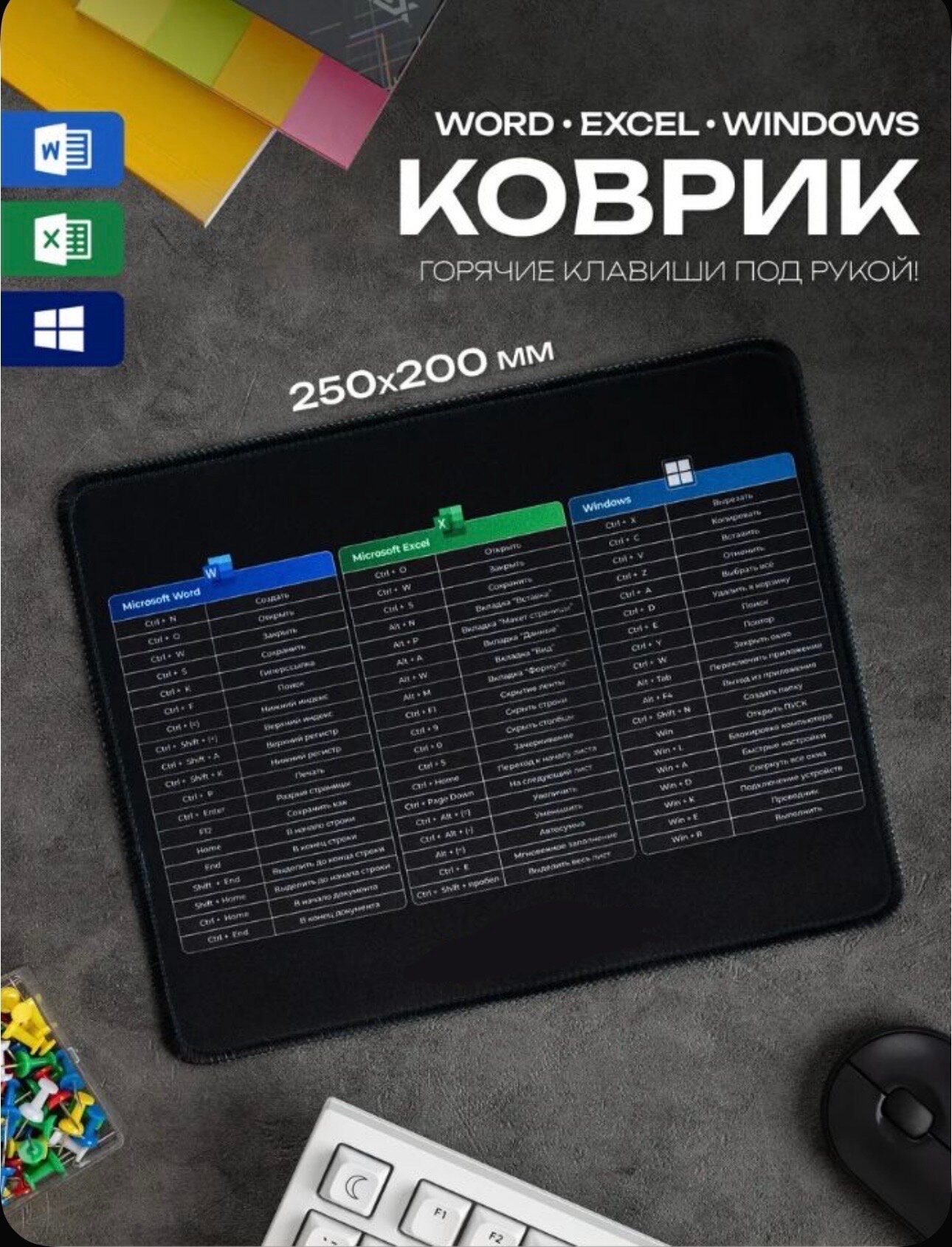Игровой коврик для мышки 25х20 см, с горячими клавишами Word, Exсel, Windows, цвет: черный.