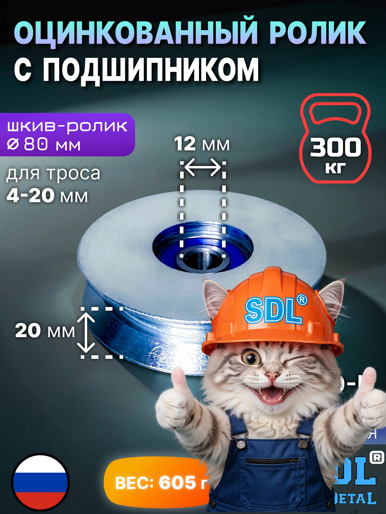 SDL Шкив-ролик для ворот, оцинкованный Ф80 мм, РКУ-80-Ц-SDL под металлический уголок 90 градусов