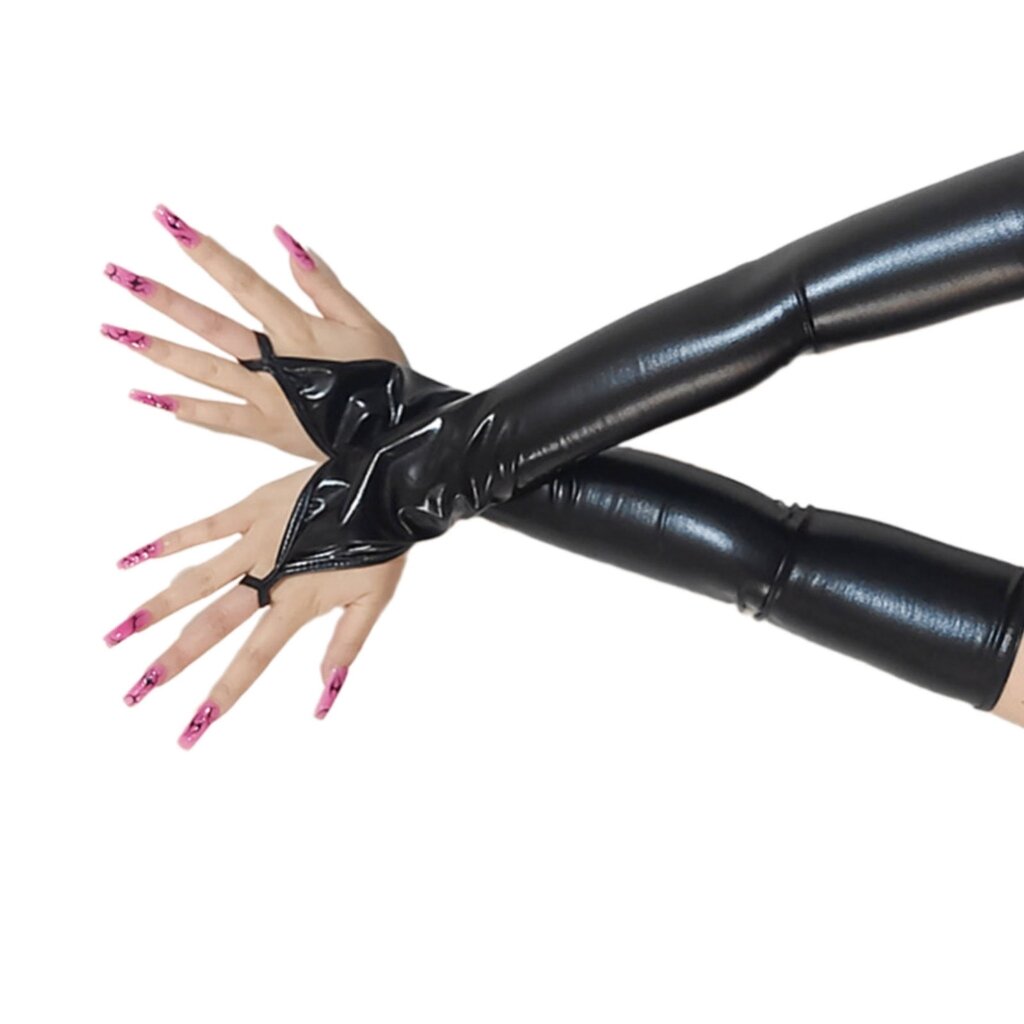 Женские сексуальные перчатки без пальцев с крючком из лакированной кожи длиной 48 см-черный