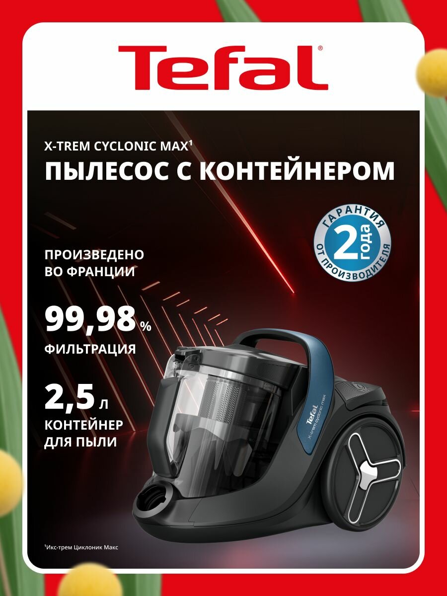 Пылесос для дома с контейнером Tefal X-Trem Cyclonic Max TW7B11EA, 900 Вт, 2,5 л, 3 насадки