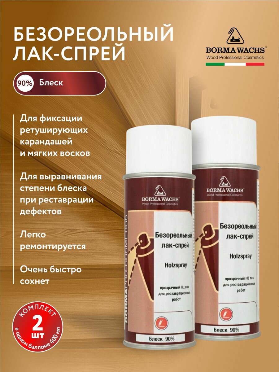 Лак спрей для реставрационных работ НЦ Holzspray 90% блеск 400 мл, 2 шт