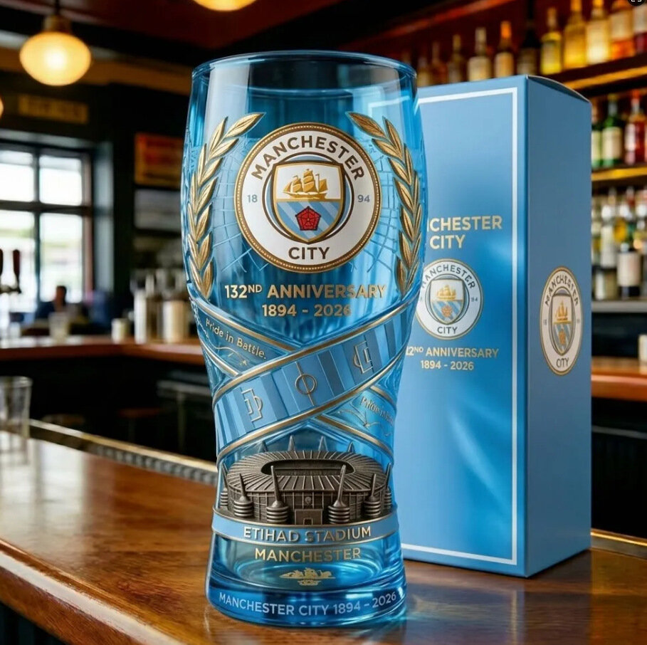 Стеклянный пивной бокал, Футбольный юбилей, Manchester City, Пинтовый стаканчик, Цветное стекло