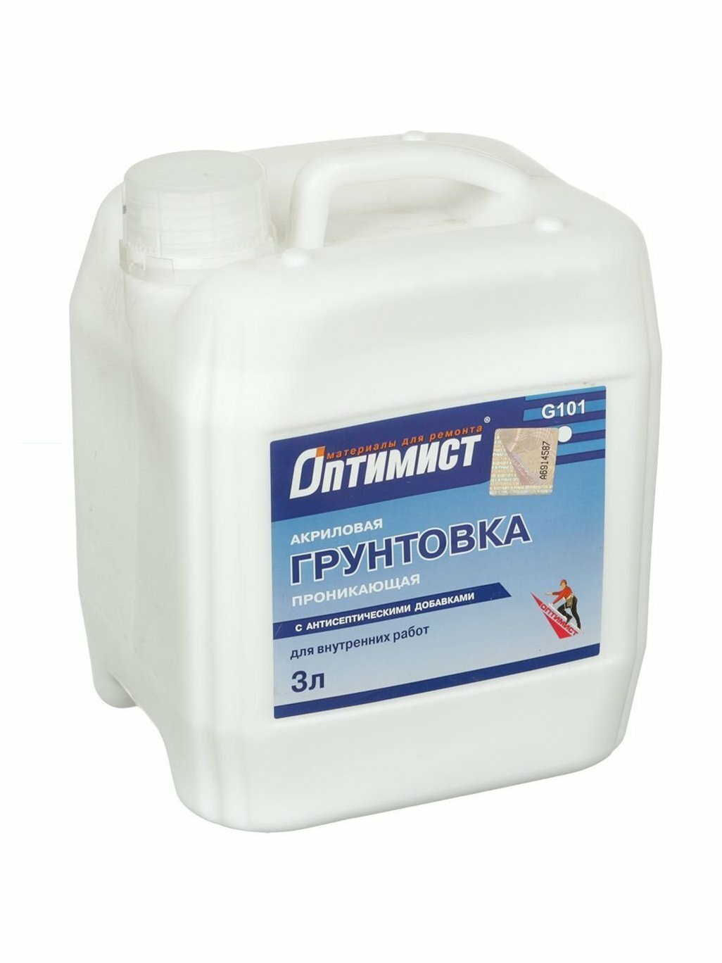 Грунтовка акриловая Оптимист G101 водно-дисперсионная для внутренних работ 3 л, белая, для бетона и кирпича