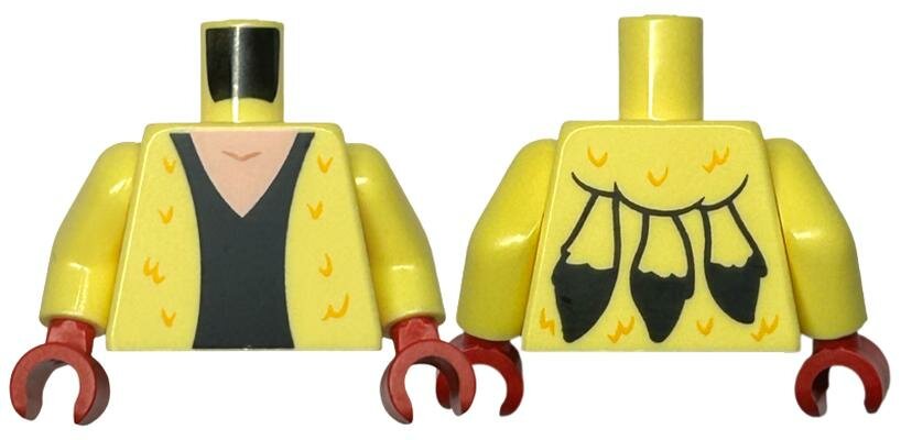 Деталь Lego 973pb5181c01 Torso Coat with Bright Light Orange Swirls / Feathers, Black Dress, Light Nougat Neck, Fur on Back Pattern / Bright Light Yellow Arms / Red Hands