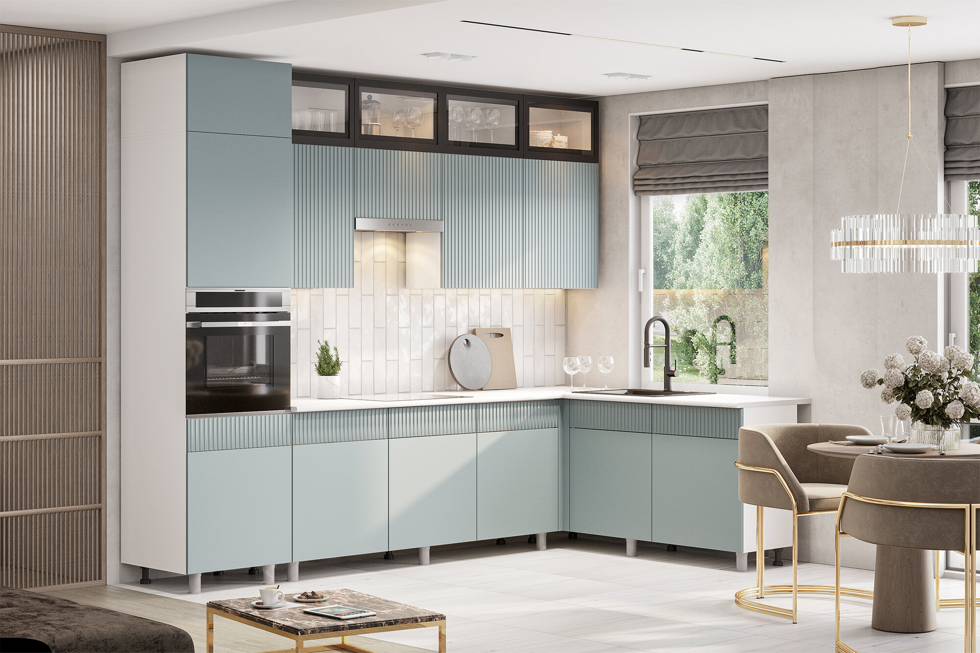 Кухонный гарнитур угловой Гренто, 300х180 см, белый / ментол / антарес