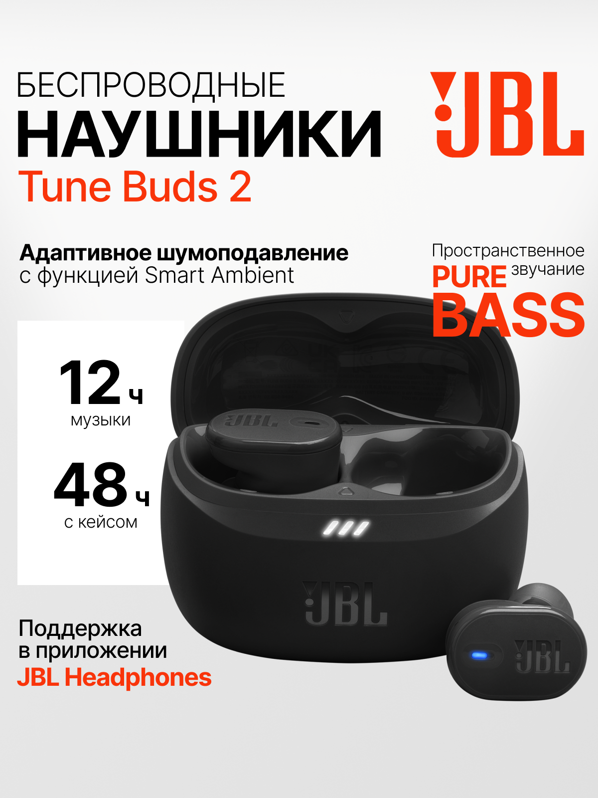 Беспроводные наушники JBL Tune Buds 2 TWS, с шумоподавлением, (Black), черные