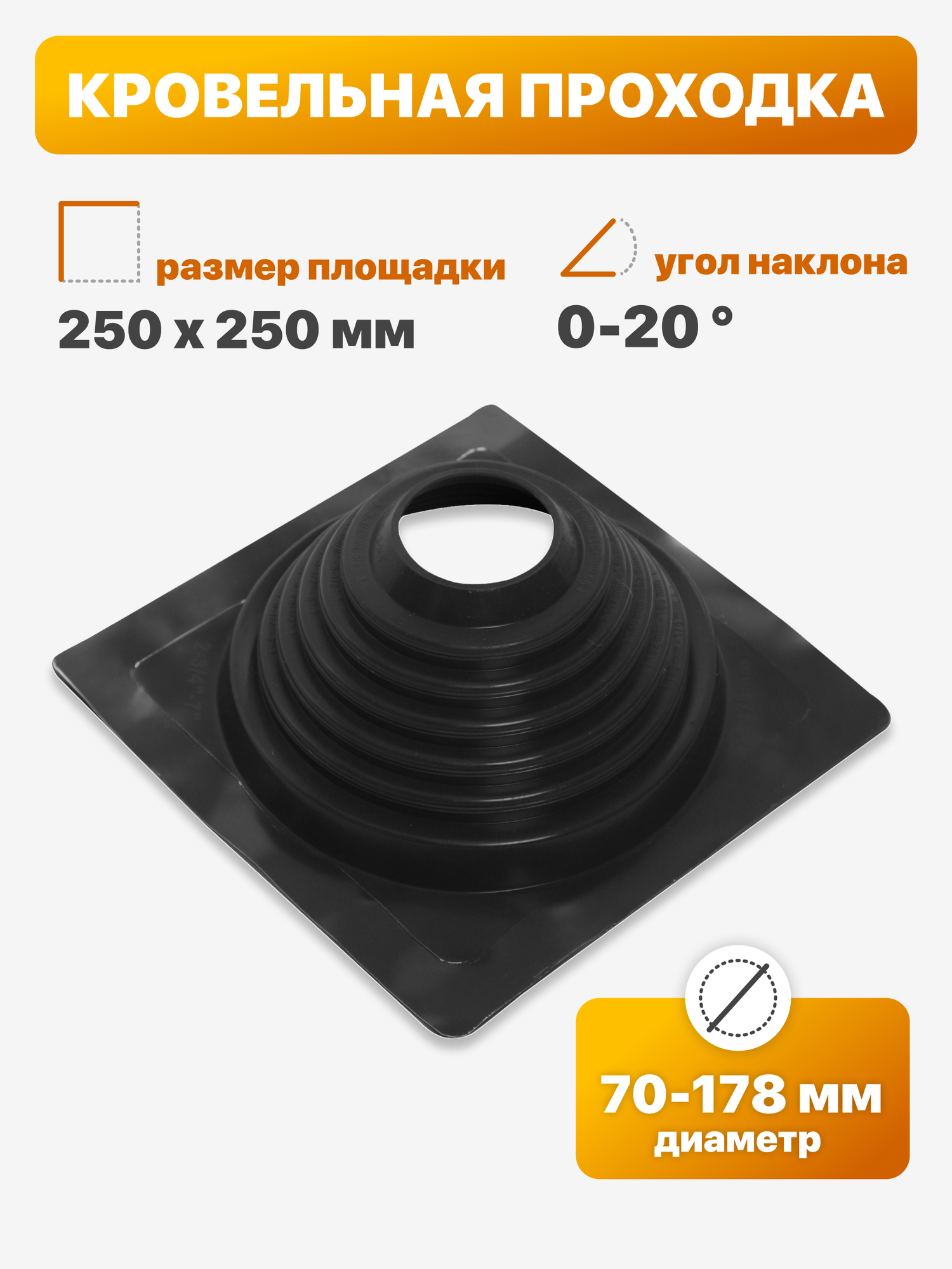 Уплотнитель кровли (кровельная проходка) №36 прямой 70-178мм 250х250мм черный