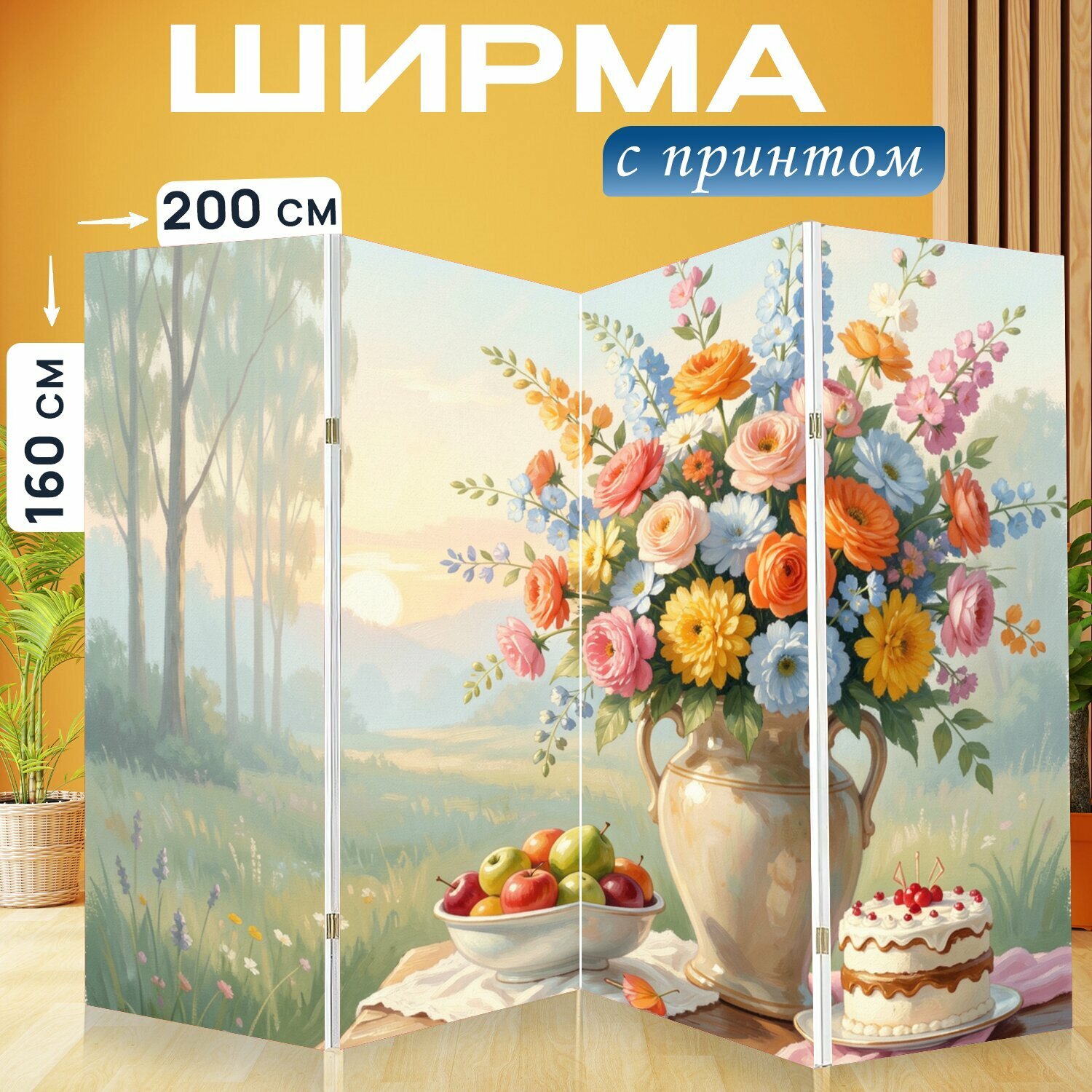 Ширма "Цветочный натюрморт у рассветного сада. Пышная композиция из разноцветных цветов в керамической вазе." перегородка для зонирования комнаты с принтом 200x160 см. на холсте