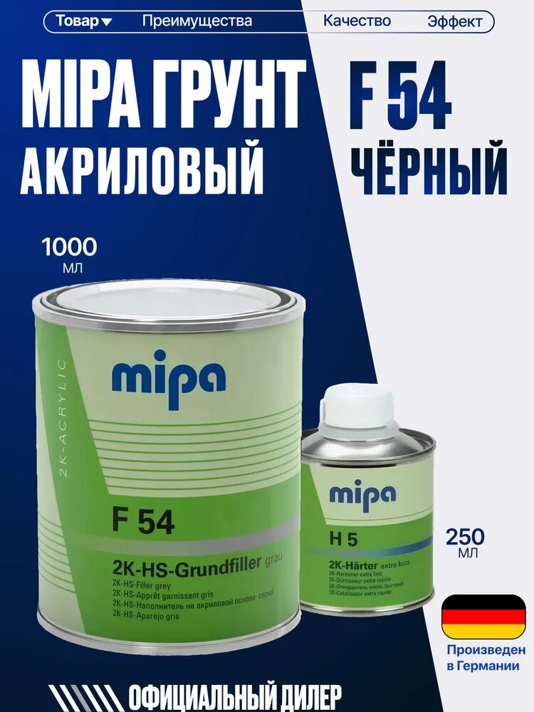 Грунтовка для автомобиля; Mipa; F54; 2K; черный; акриловая, HS Grundfiller с отвердителем Н5,1л 0,25л