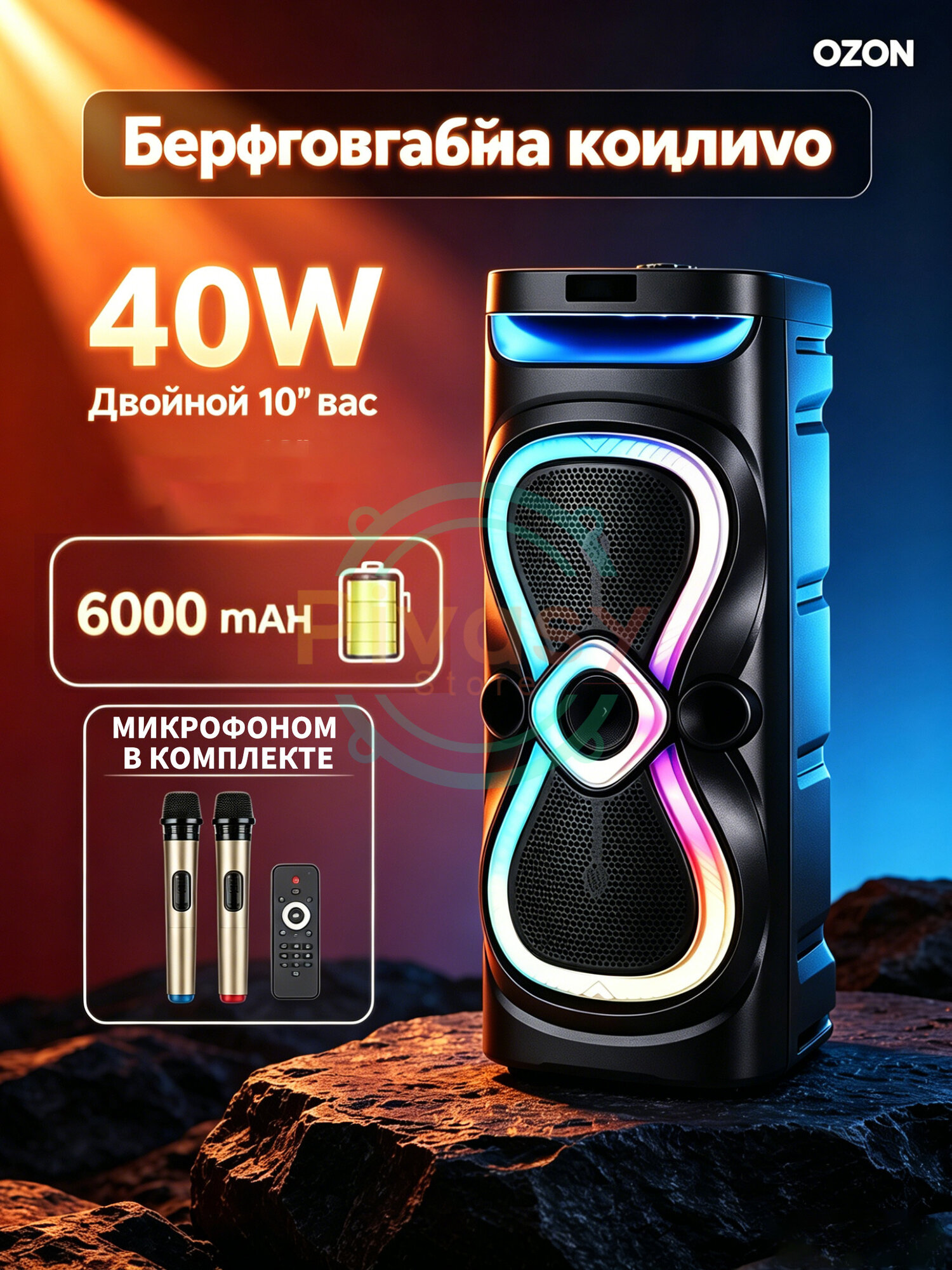 Акустическая система для вечеринок 10"x2 с микрофоном, Сабвуфер большой громкости, яркая светодиодная подсветка, FM, TWS