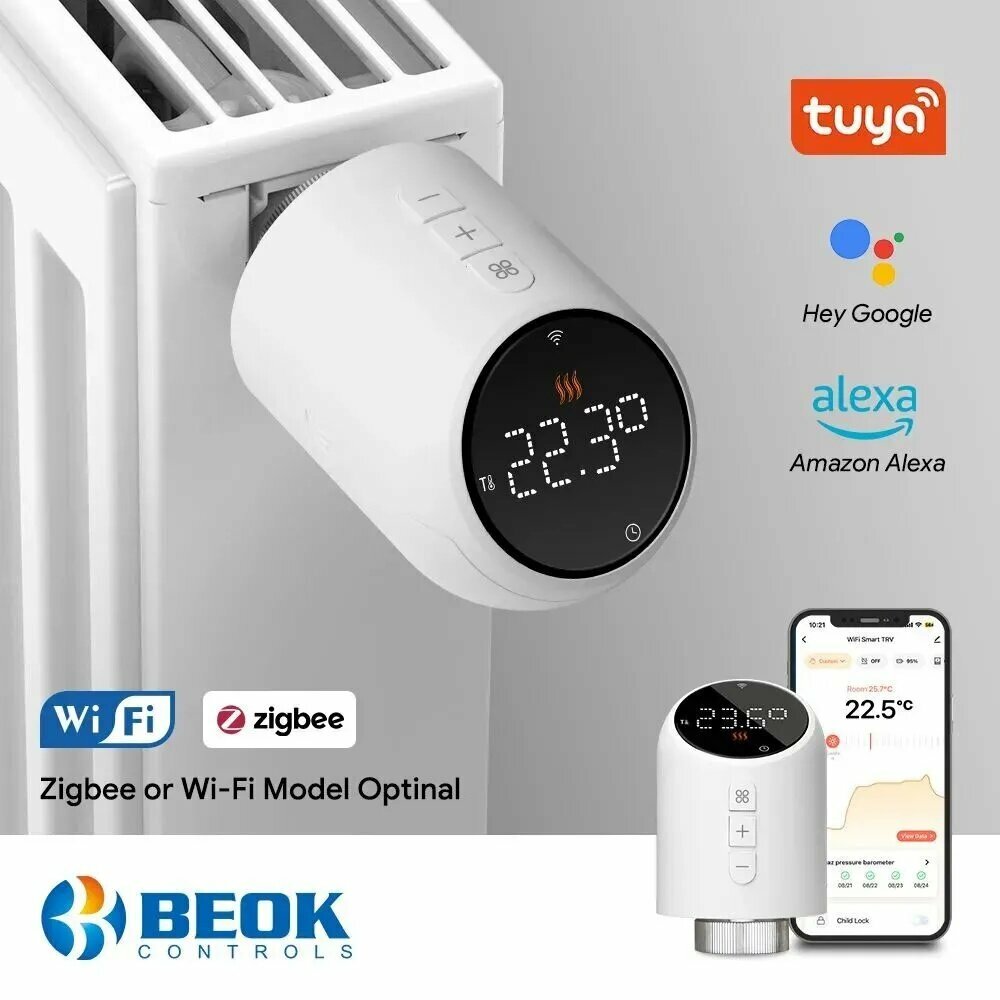 Beok Термостат радиаторный электронный c wifi, TRV-705WF, Работа с smart Life, Алиса