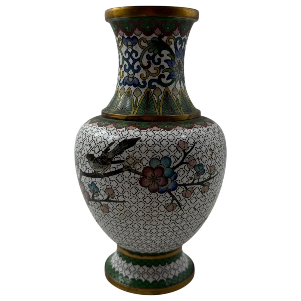 Ваза "Птица на сакуре", 18 см, клуазоне, эмаль, 1960-1970 гг, Китай (вмятины)