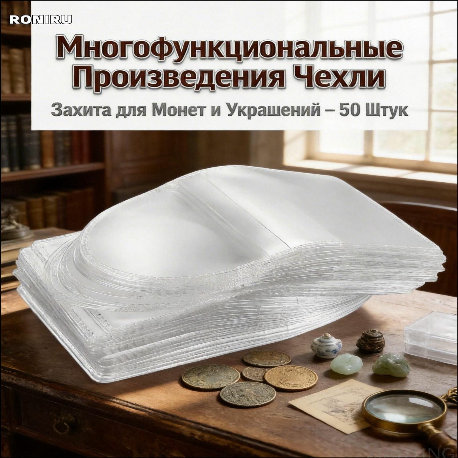 Многофункциональные прозрачные чехлы для монет и ювелирных изделий, ПВХ карманы 5,50X5,20X0,05 см 50 шт