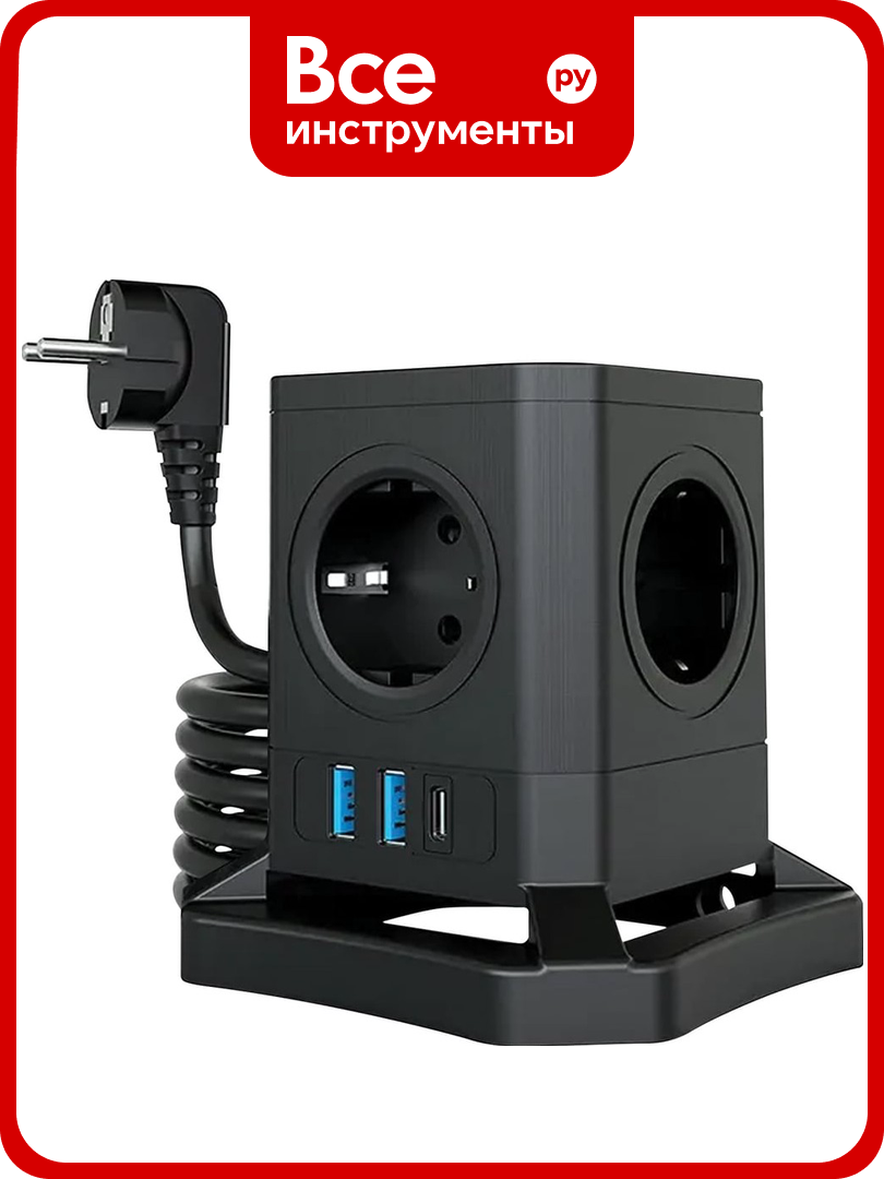 Сетевой фильтр QUMO Power Block System PD1 12SP5U P-0003, 5 розеток, 2500 Вт, 10A, кабель 2м 3*1 мм чистая медь, пожаробезопасный пластик, евровилка, 2 USB порта 2,4A + USB-C 30W 42087