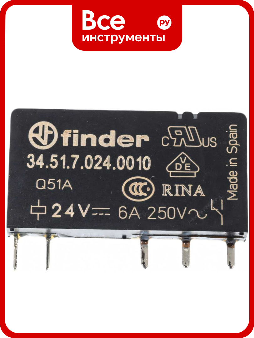 Ультратонкое реле Finder 1 CO конт. 6а, = 24в чувст. пост. тока, - гермет, 345170240010