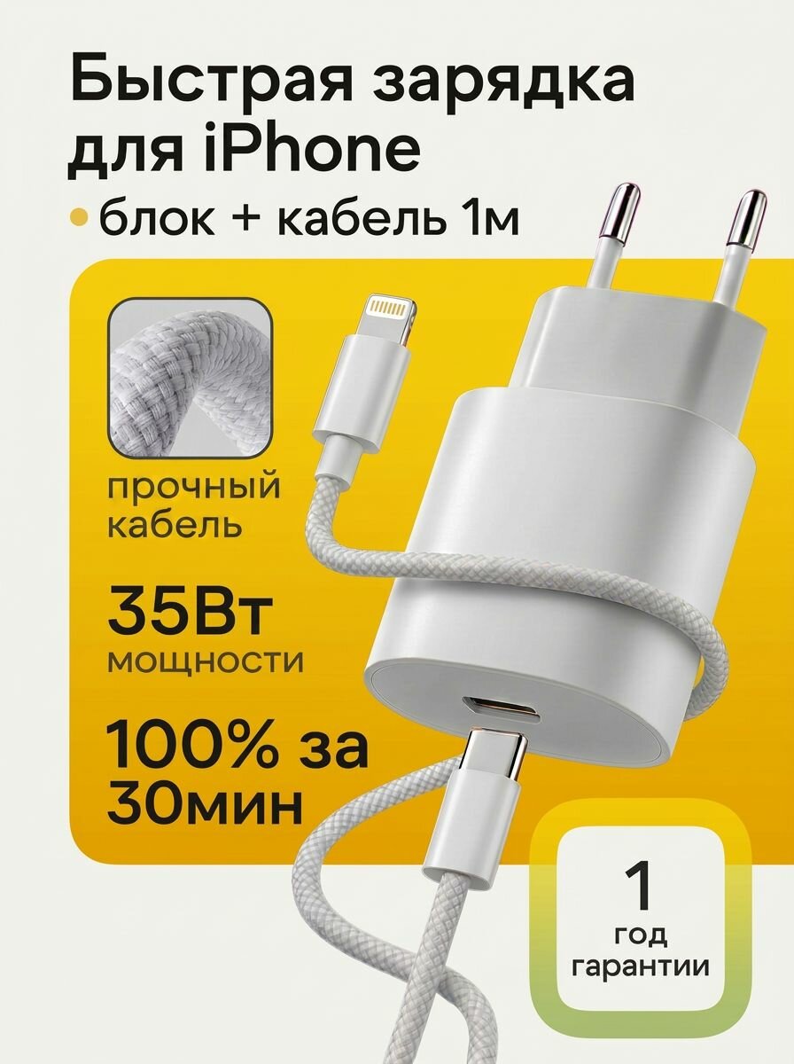 Зарядка для iPhone 35W быстрая / Блок питания type c с плетеным кабелем lightning 1м / Быстрая зарядка для телефона