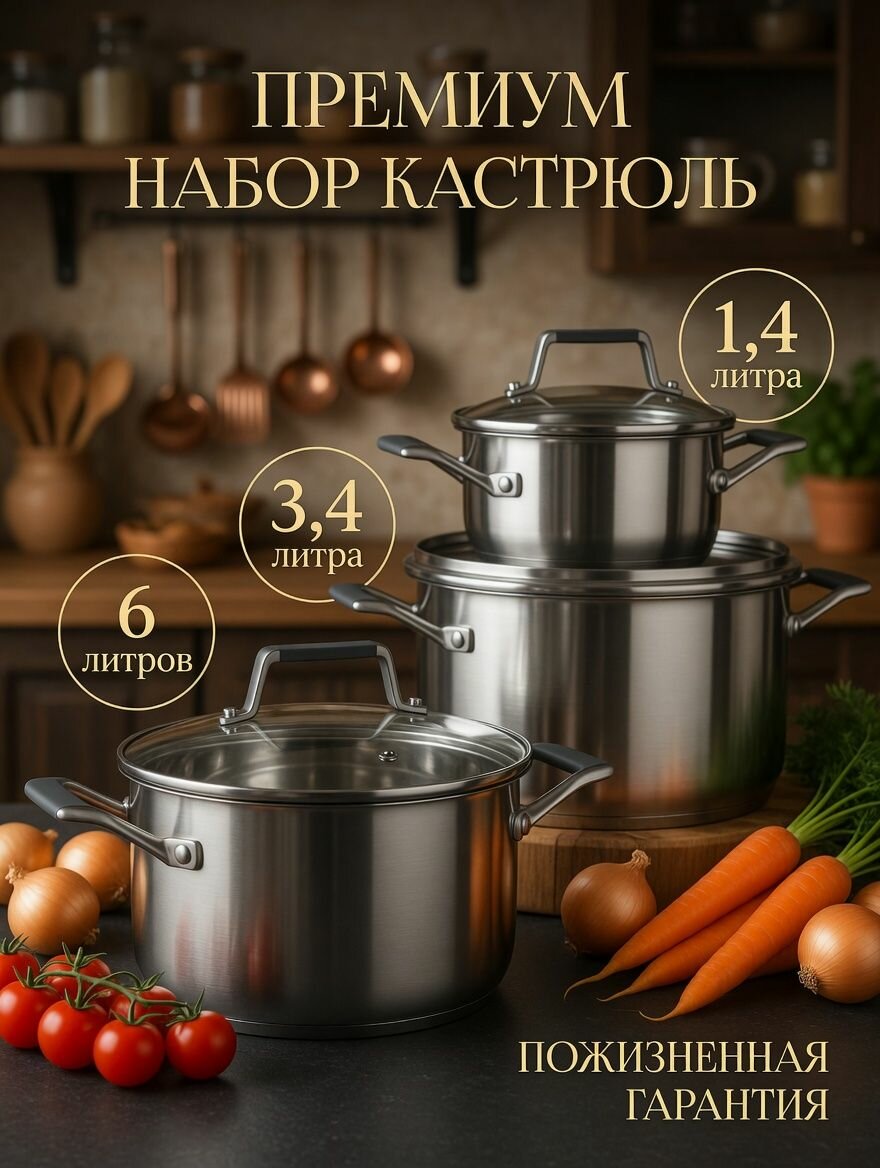 Набор Кастрюль С Крышкой И Толстым Дном Для Кухни и Готовки. Маленьких, Больших Из Нержавеющей Стали Для Газовых, Электрических, Индукционных Плит. Стальной, 3шт