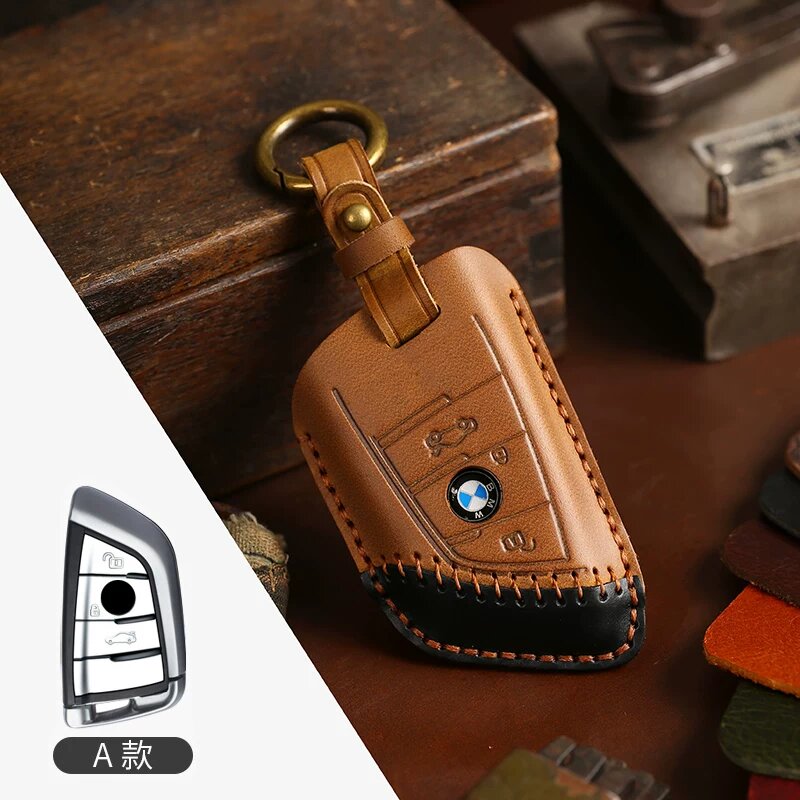 Премиум-чехол для ключа BMW из натуральной кожи с однолинейным узором - Коричневый для моделей 3,5,1, X3, X1, X5