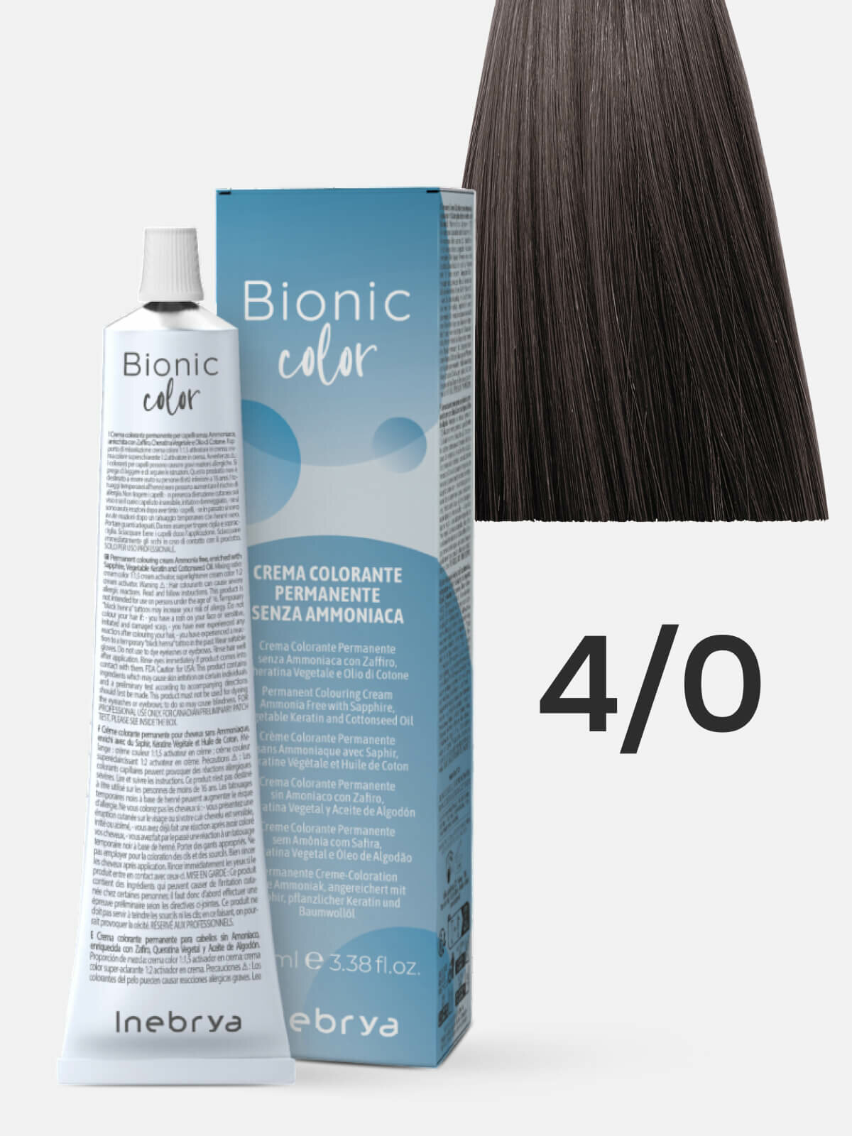 Крем - краска для волос профессиональная без аммиака Inebrya Bionic Color 4/0 Каштановый Натуральный , 100 мл