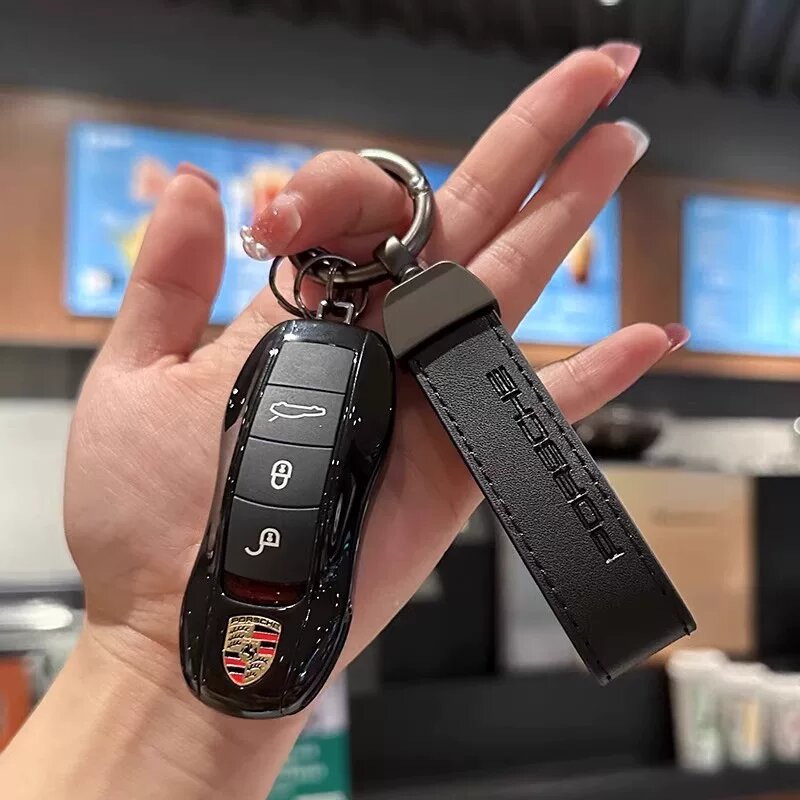 Ключевой брелок Porsche Black Jade с кожаной пряжкой для Cayenne Macan 718 Panamera 911 Taycan 922