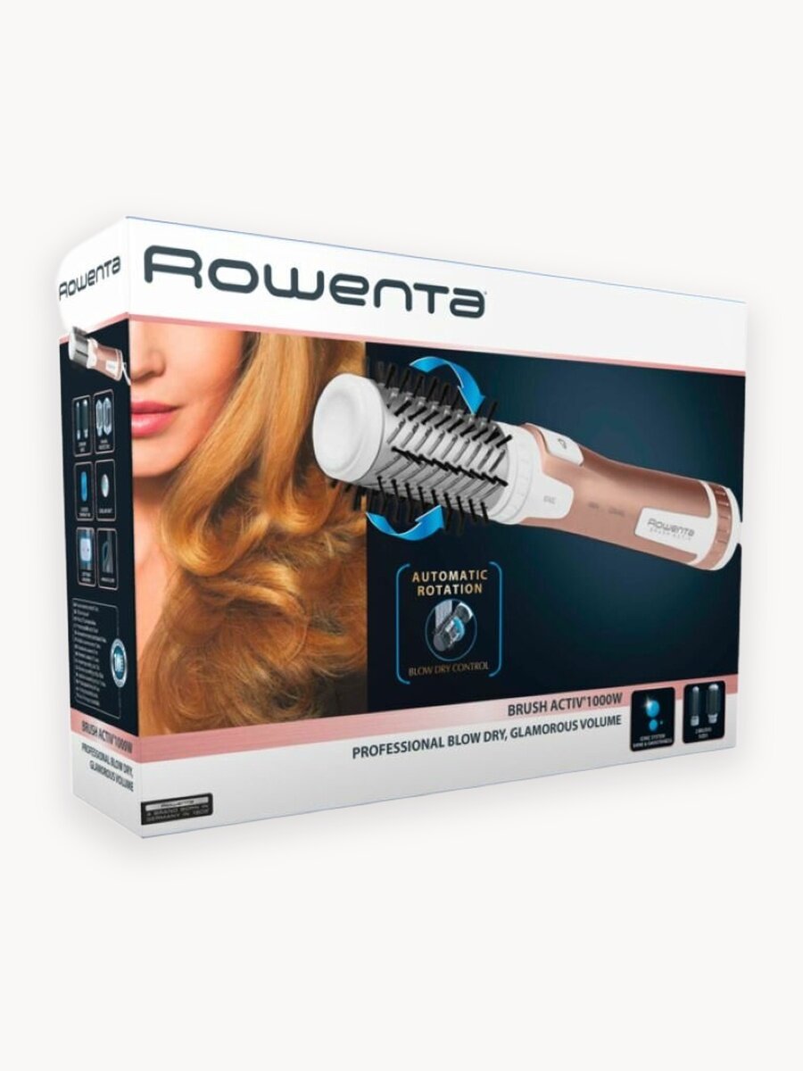 Вращающаяся фен-щетка для волос Rowenta Brush Activ Compact CF9520F0 с ионизацией и 2 насадками, 5 режимов, 1000 Вт, белая/золотая