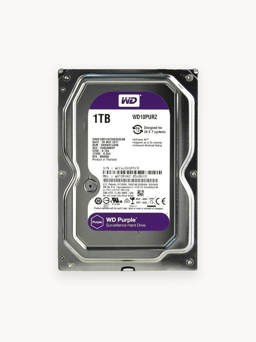 Жёсткий диск WD Purple WD10PURZ 1ТБ 3,5" 5400RPM 64MB (SATA-III) DV&NVR